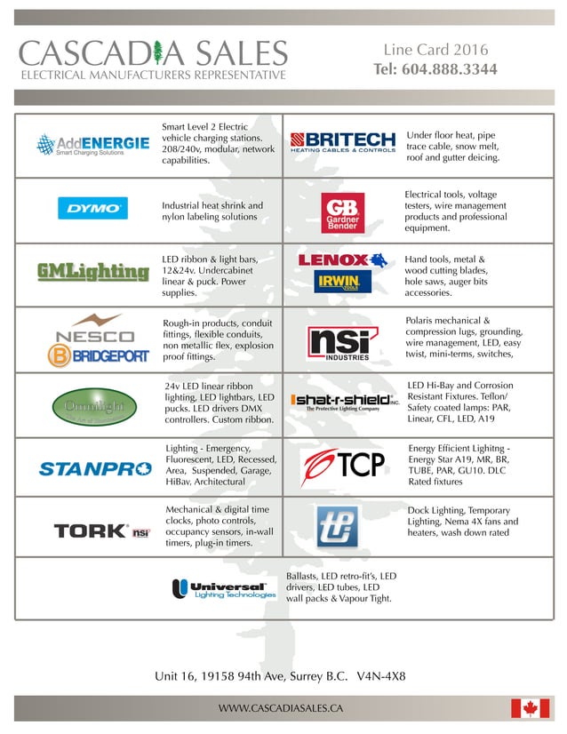 Cascadia Sales Line Card | PDF | Business | Business and Finance