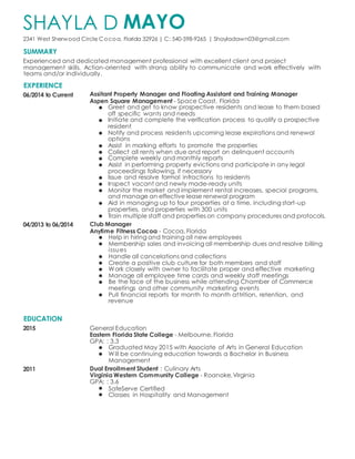Shayla Mayo Resume 1 | DOCX | College Education | Education