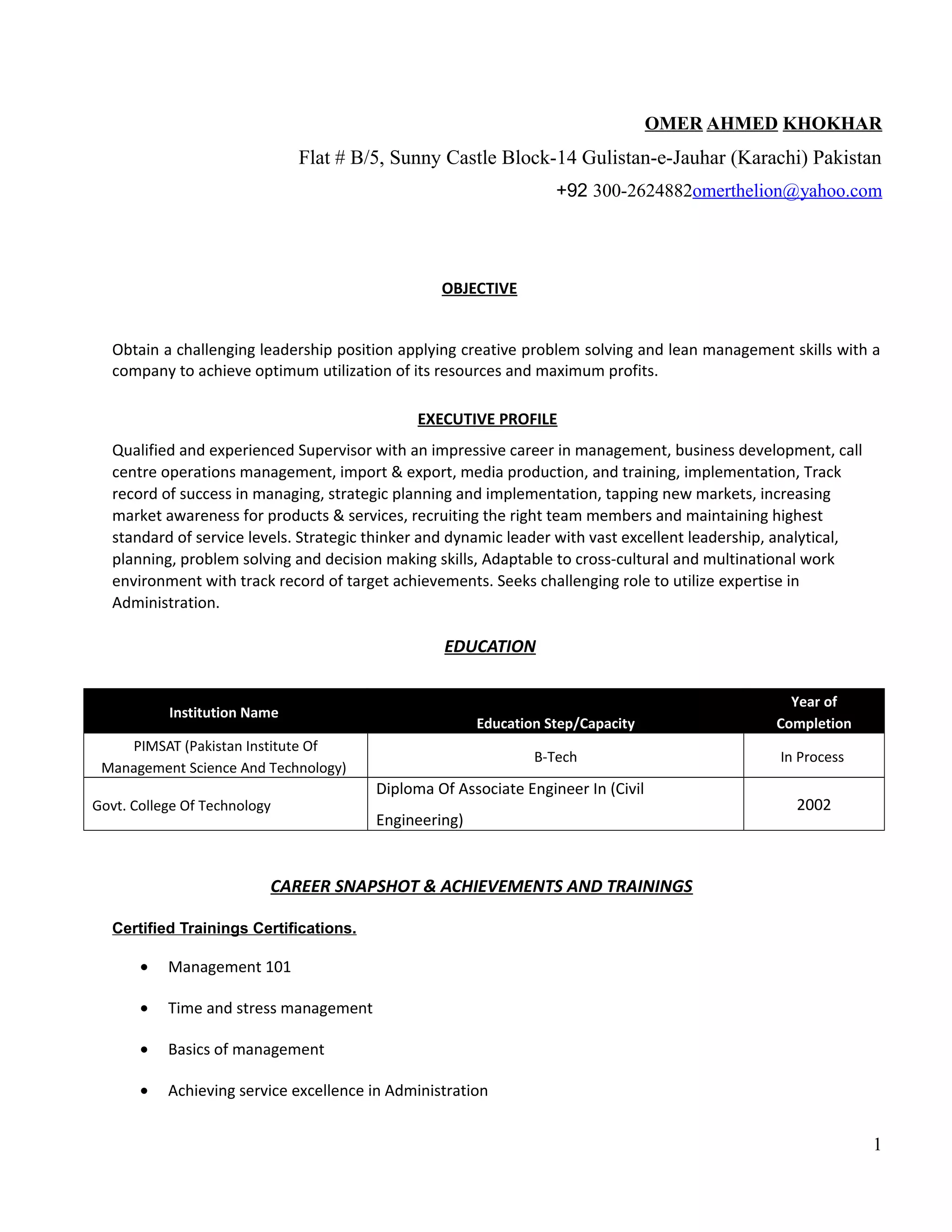 Resume - Omer Ahmed Khokhar | DOC