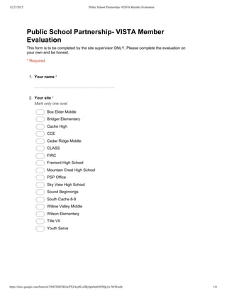 VISTA Member Evaluation Template, Site Supervisor - Google Forms | PDF