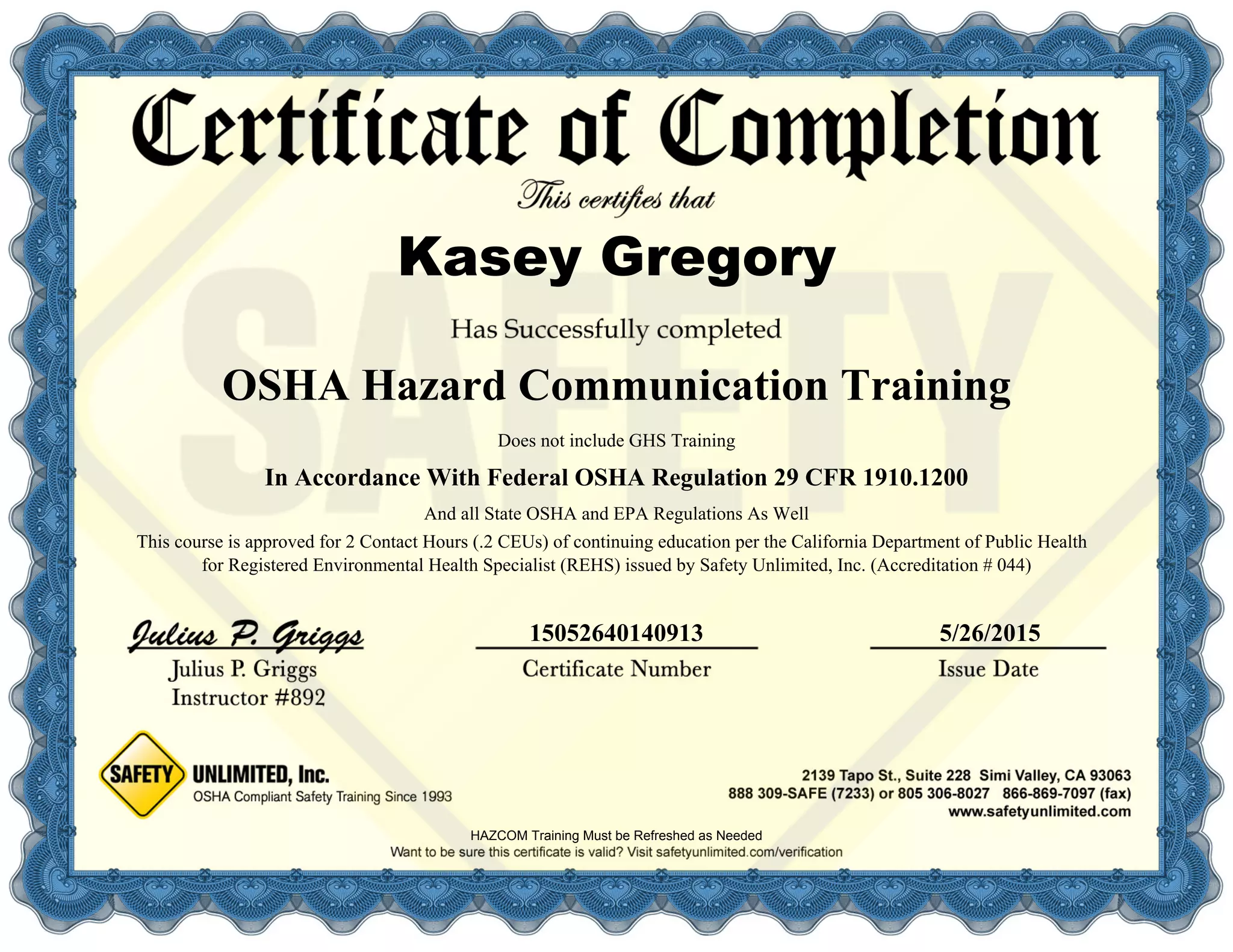 Kasey's HAZCOM Certificate | PDF