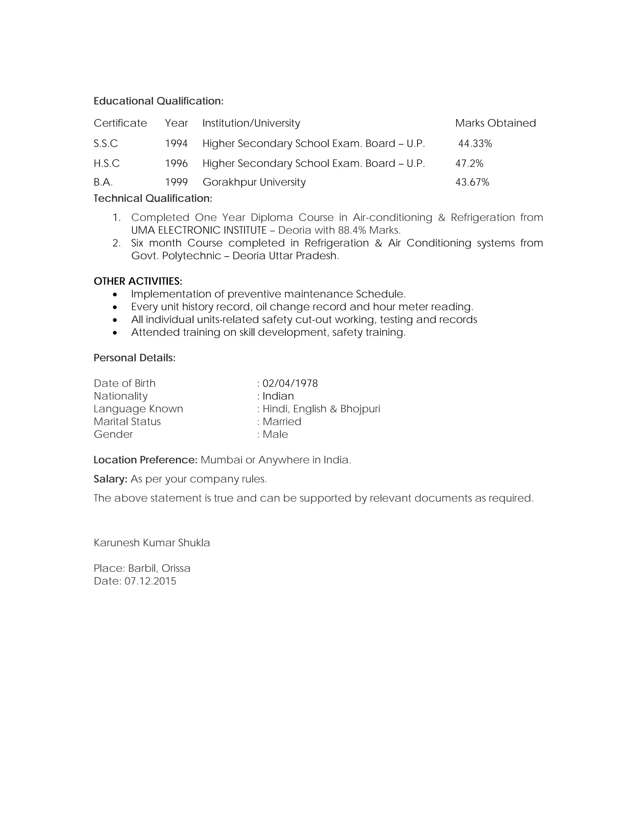 Karunesh Shukla Resume | PDF | Home Appliances | Home & Garden