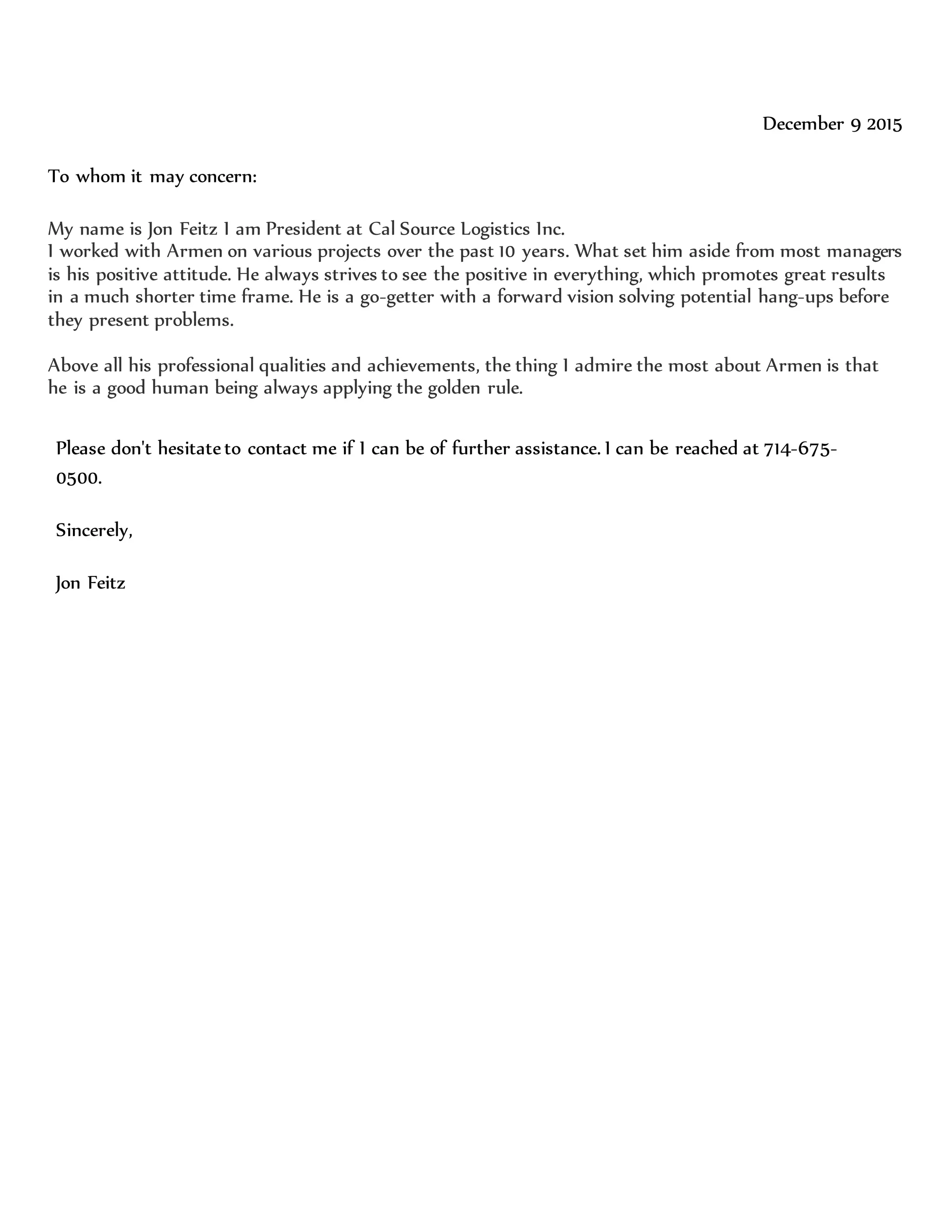 Letter of Recommendation - Jon Feitz | PDF
