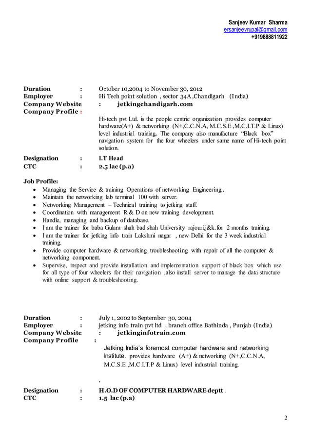 sanjeev Resume | DOCX | IT and Internet Support | Internet