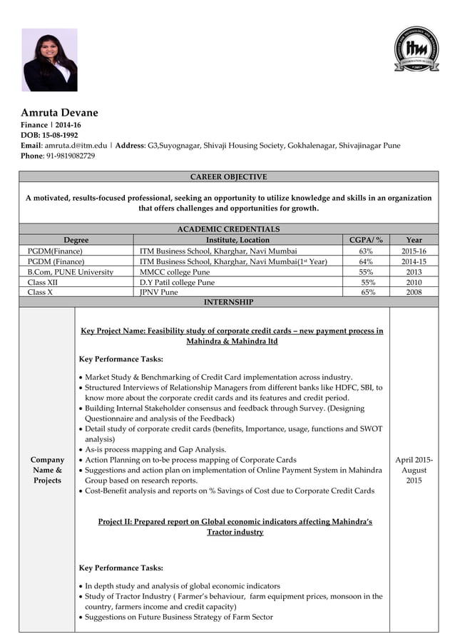 01 Amruta Devane_ Resume - ITM PGDM 2014-16 | PDF