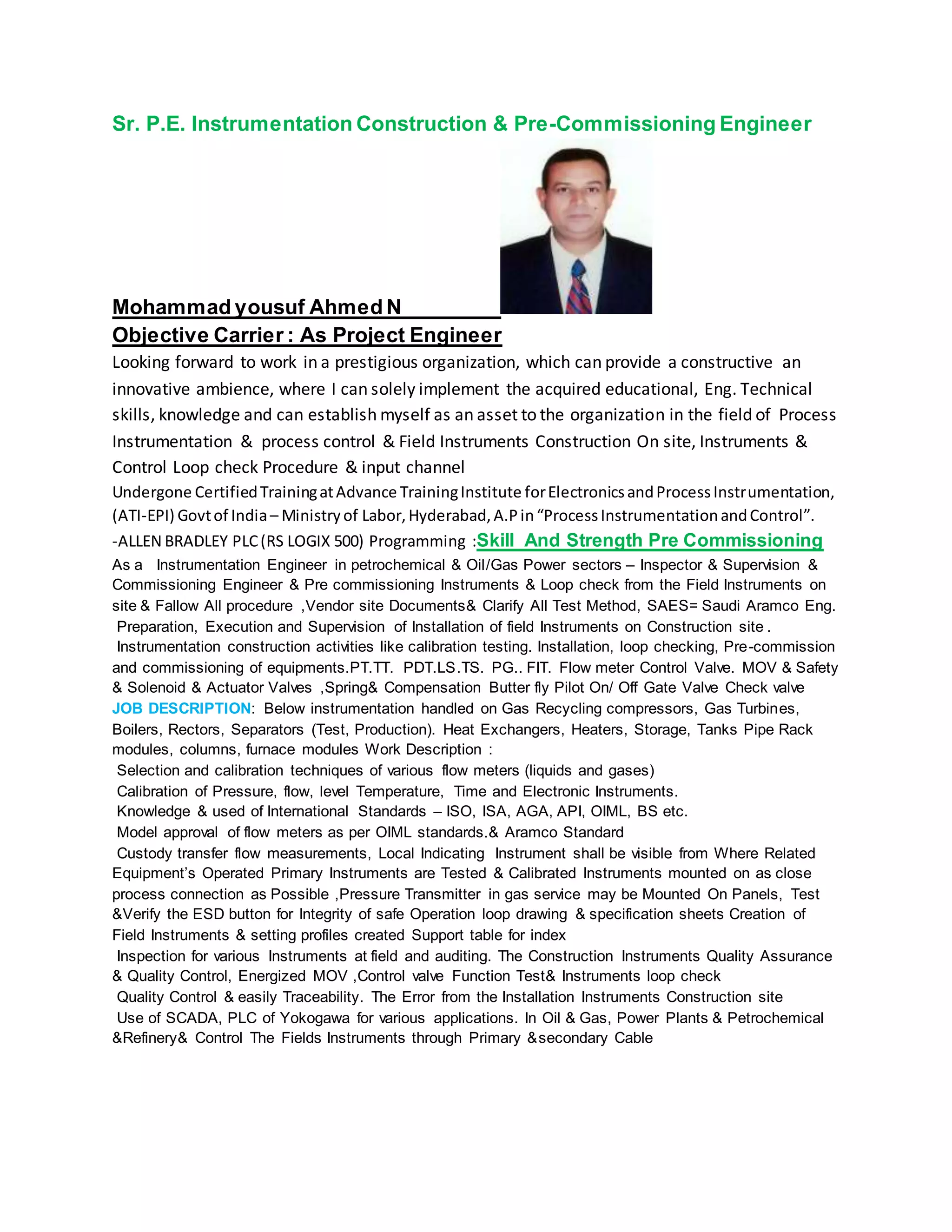 Instrumentation Construction Pre- CommnEngineer RESUME | DOCX
