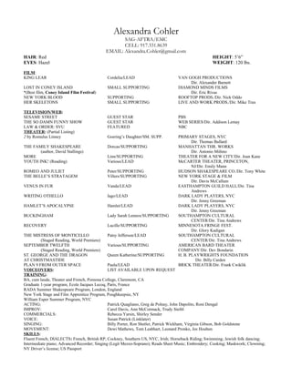 Alexandra Cohler Resume | DOC | Television | Entertainment