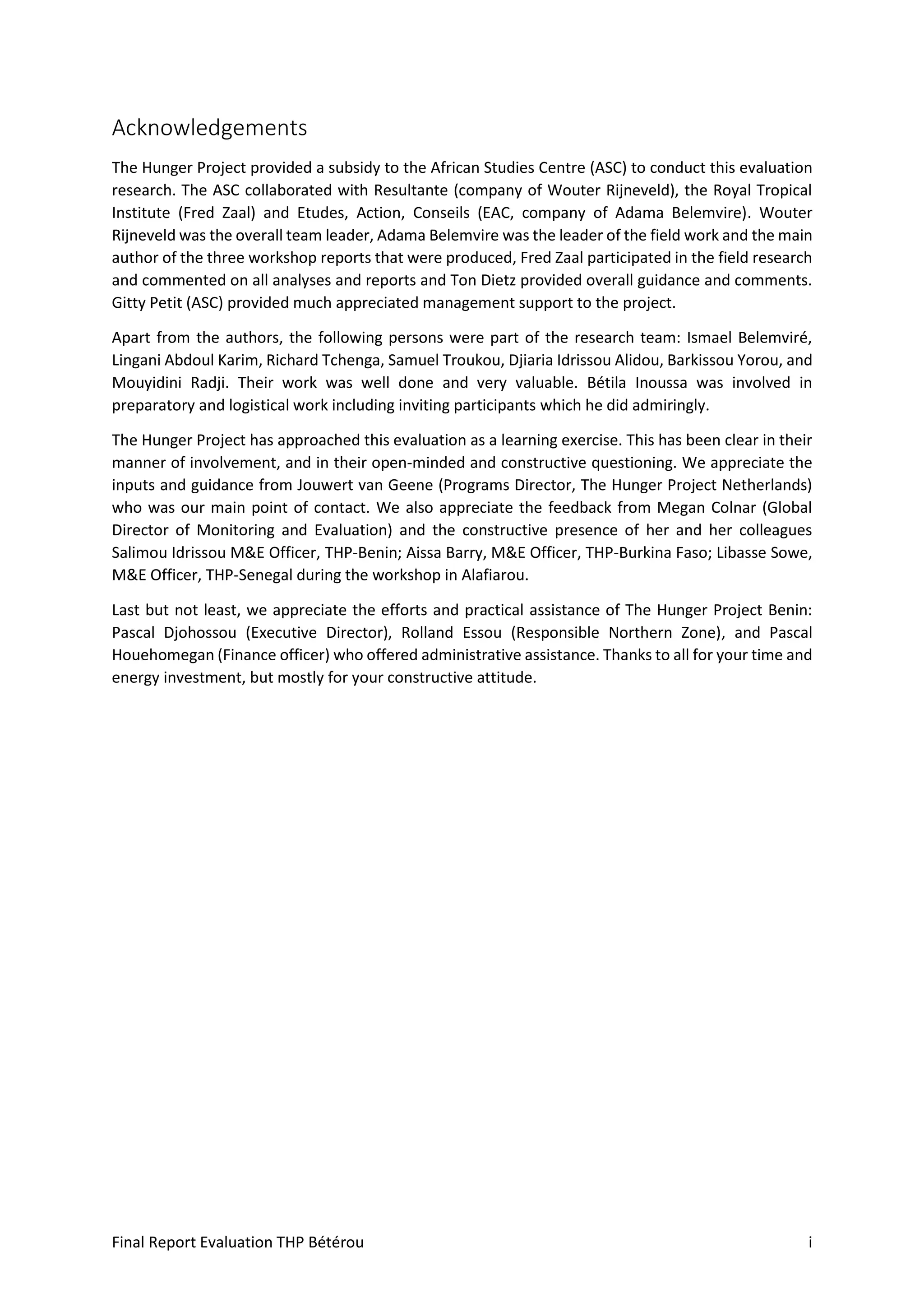 Final Report Evaluation THP Bétérou | PDF