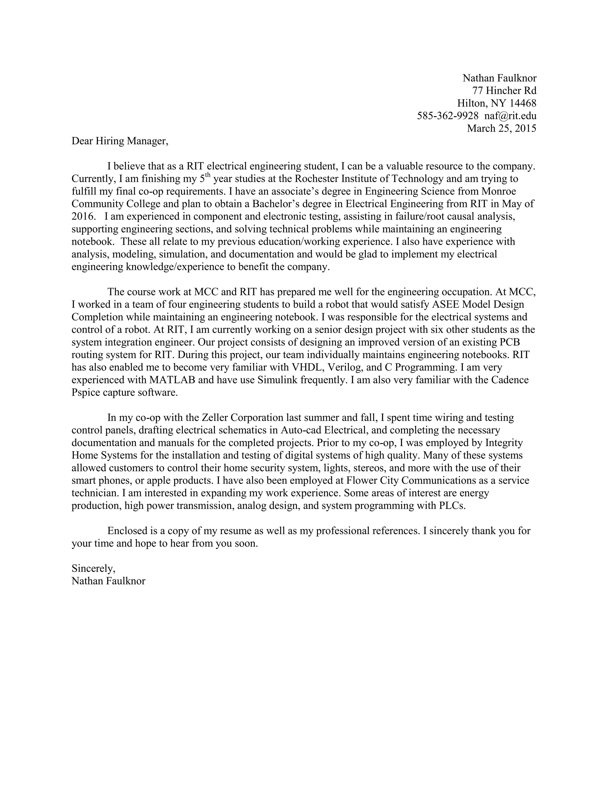 Cover Letter - Nathan Faulknor | PDF