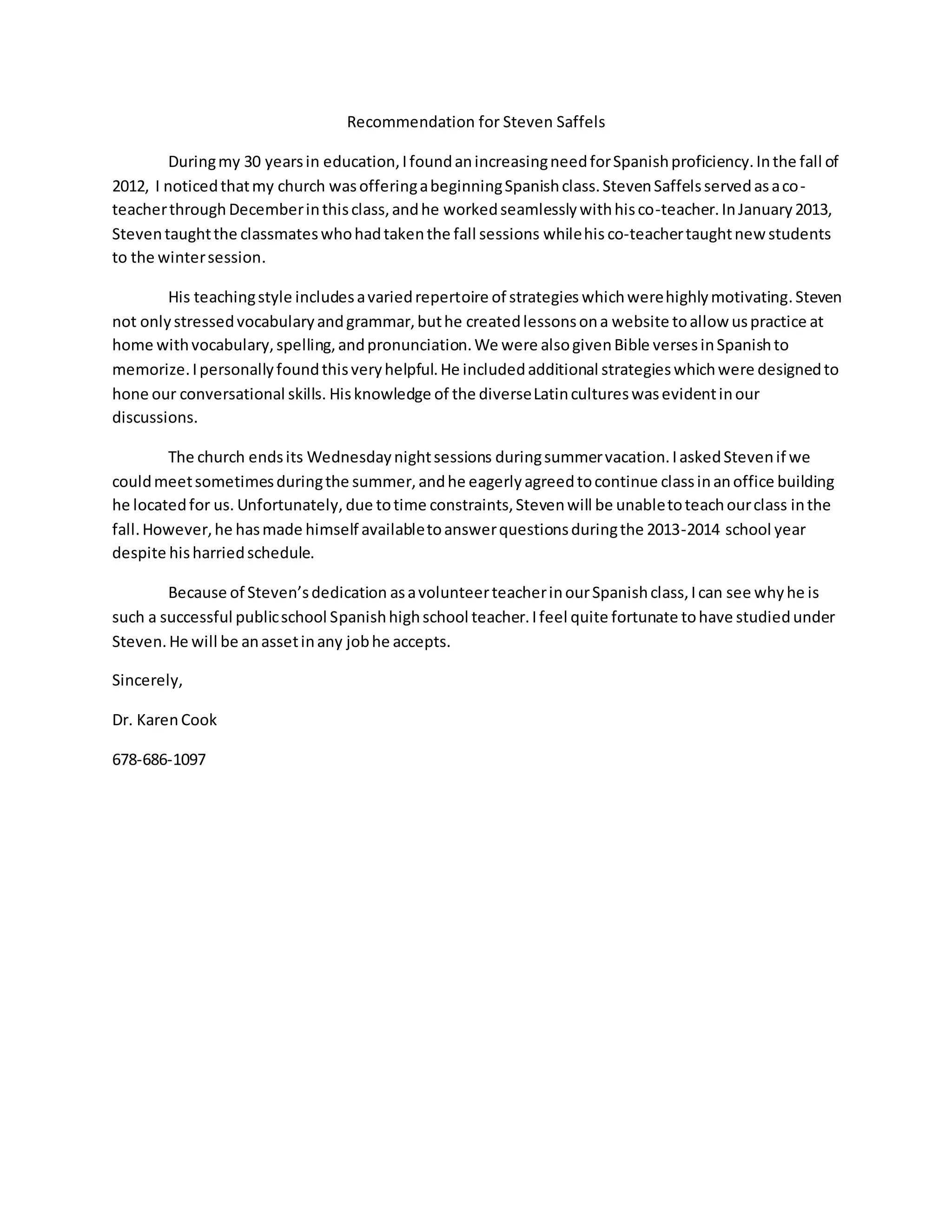 Recommendation for Steven Saffels - Karen Cook | DOCX