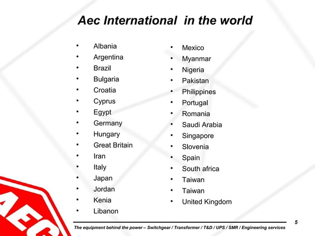 AEC WORLDWIDE GROUP PRESENTATION, INCLUDING AEC INTERNATIONAL | PPT