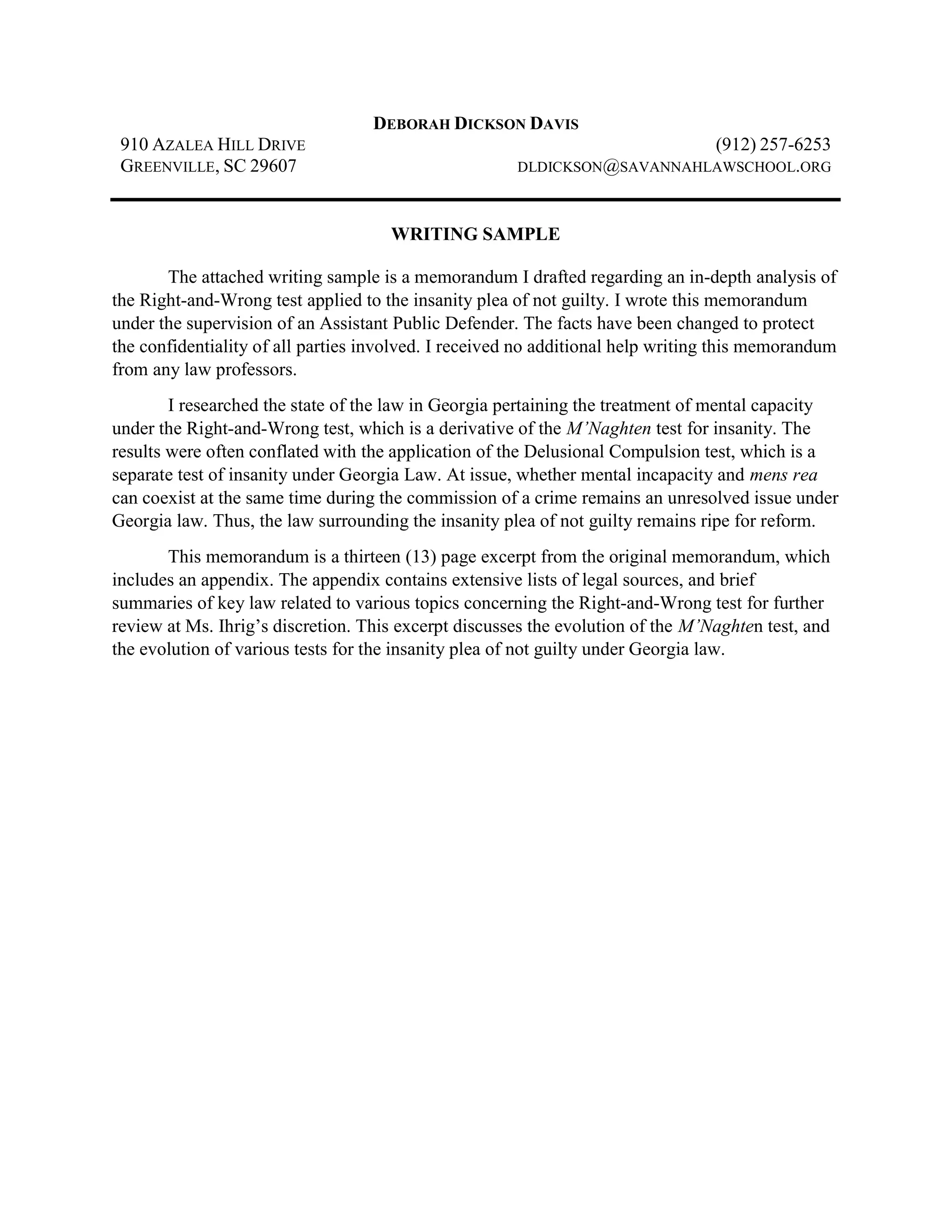 Dickson_Davis_Deborah_Sample_Writing_Memorandum_Insanity_Defense_060716 ...