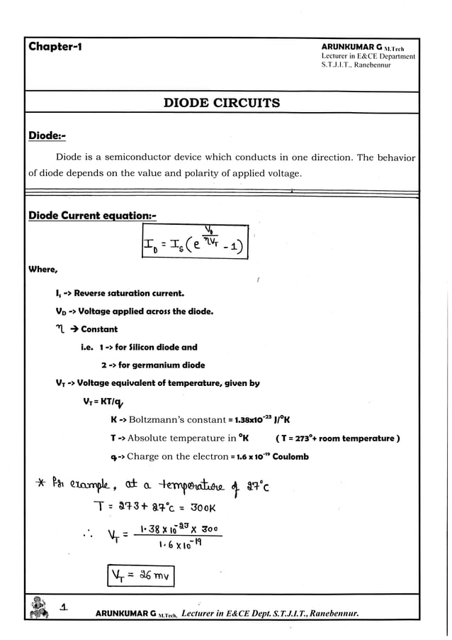 Analog Electronics Circuits Notes Written By Arun Kumar G Associate