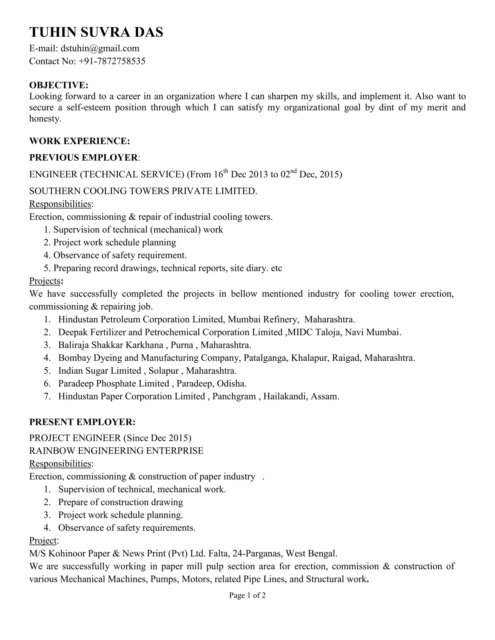 MECHANICAL ENGINEER RESUME OF - TUHUIN SUVRA DAS | PDF
