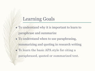 Paraphrasing and Summarizing | PPTX