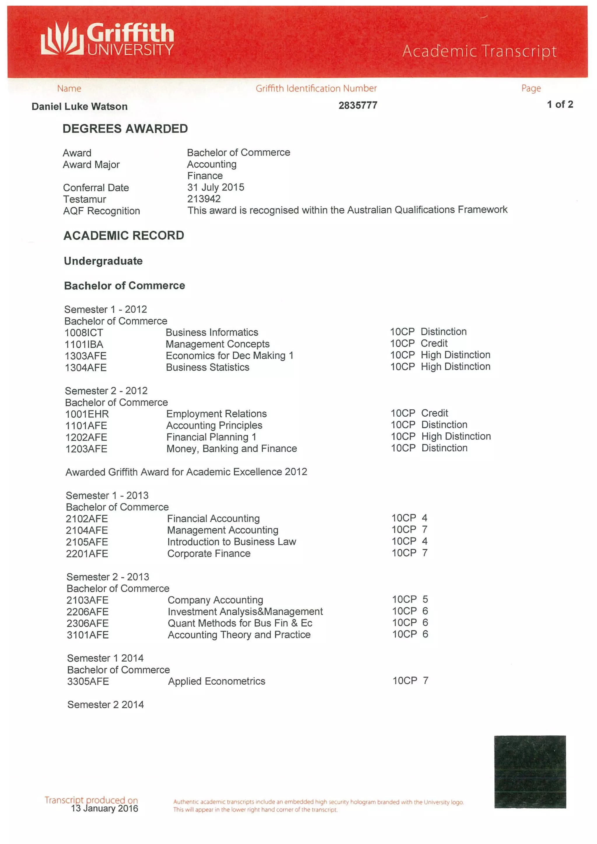 Griffith Academic Transcript | PDF