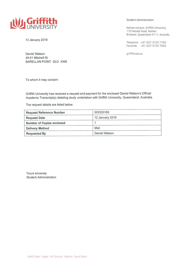 Griffith Academic Transcript | PDF