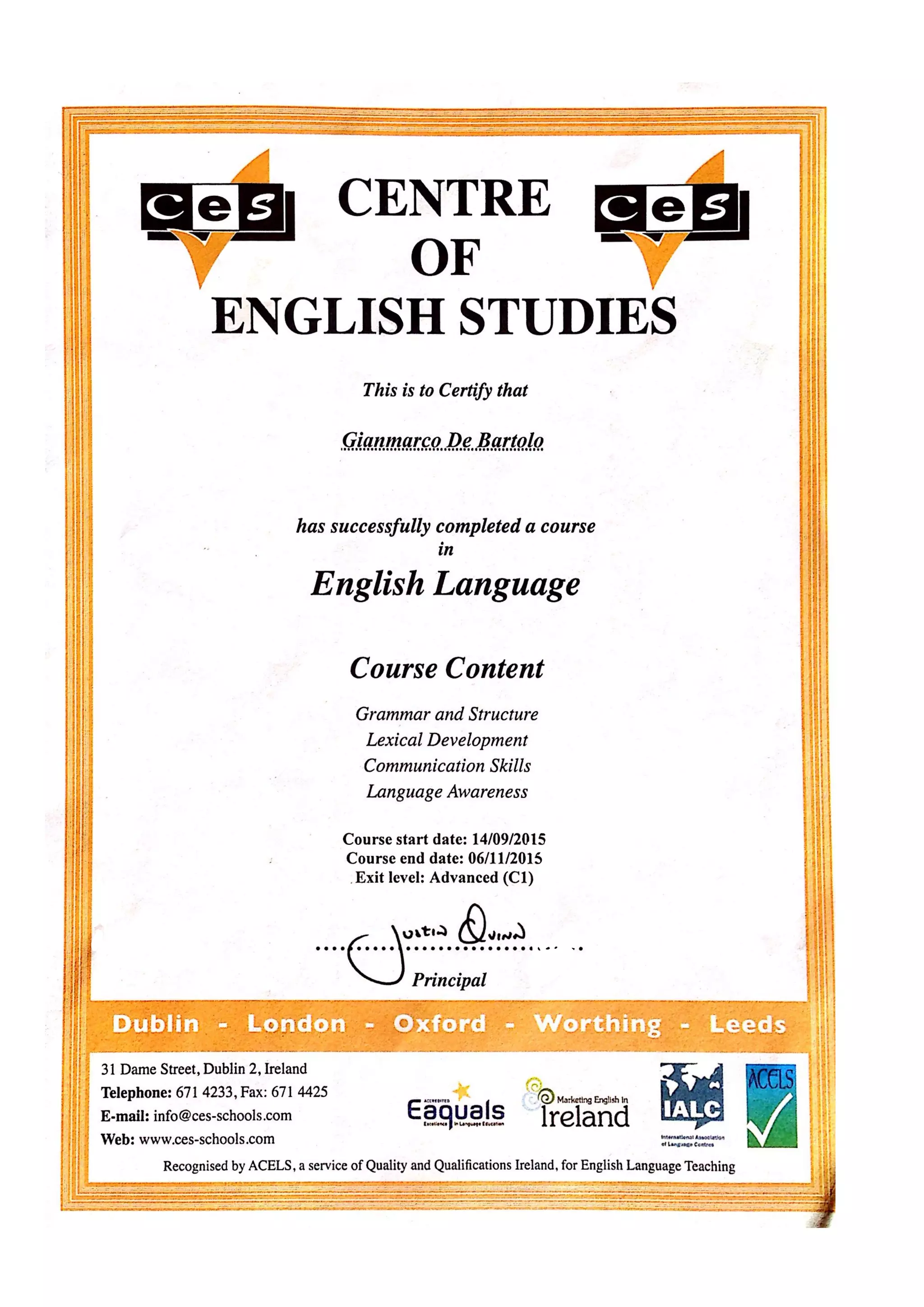 Certificate CES (IELTS Dublin) Parziale | PDF