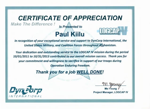 Dyncorp Appreciation Certificate 2 | PDF