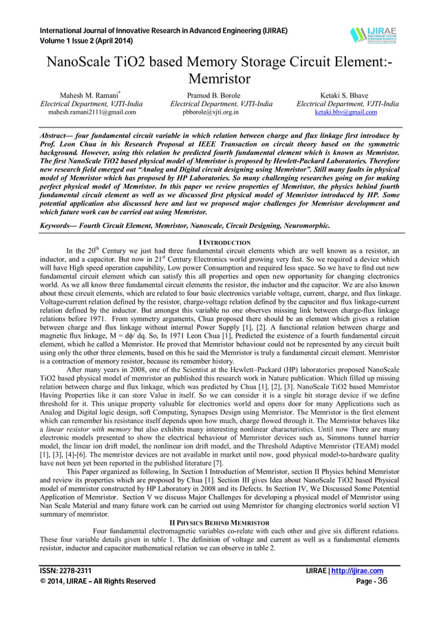 NanoScale TiO2 based Memory Storage Circuit Element:- Memristor | PDF | Chemistry | Science