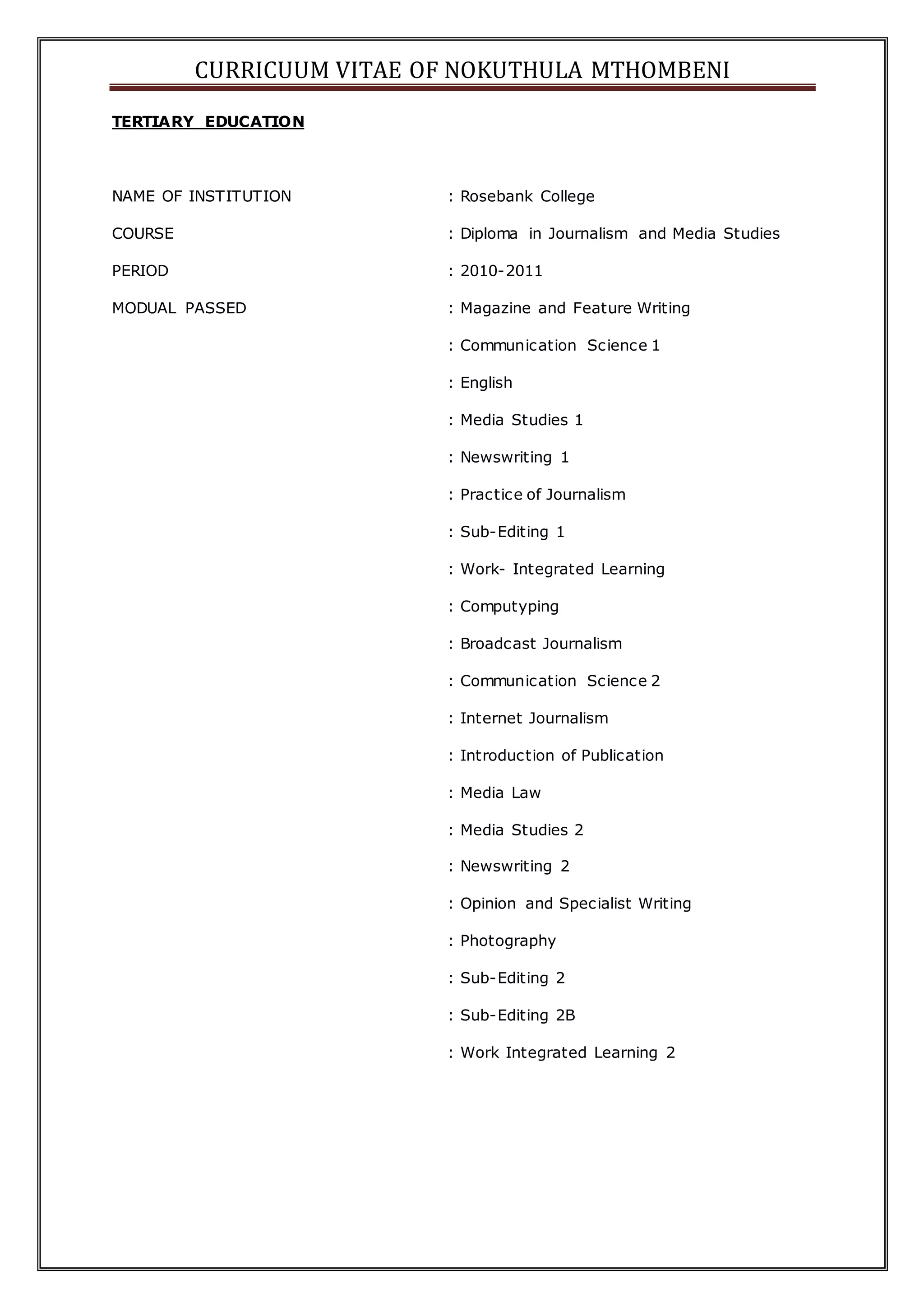 Nokuthula Mthombeni, CV | DOCX