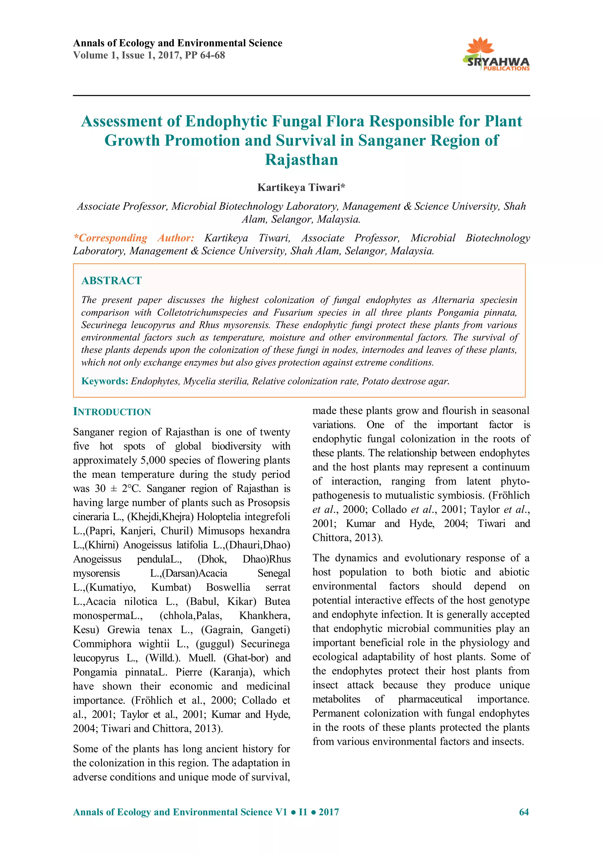 Assessment of Endophytic Fungal Flora Responsible for Plant Growth ...