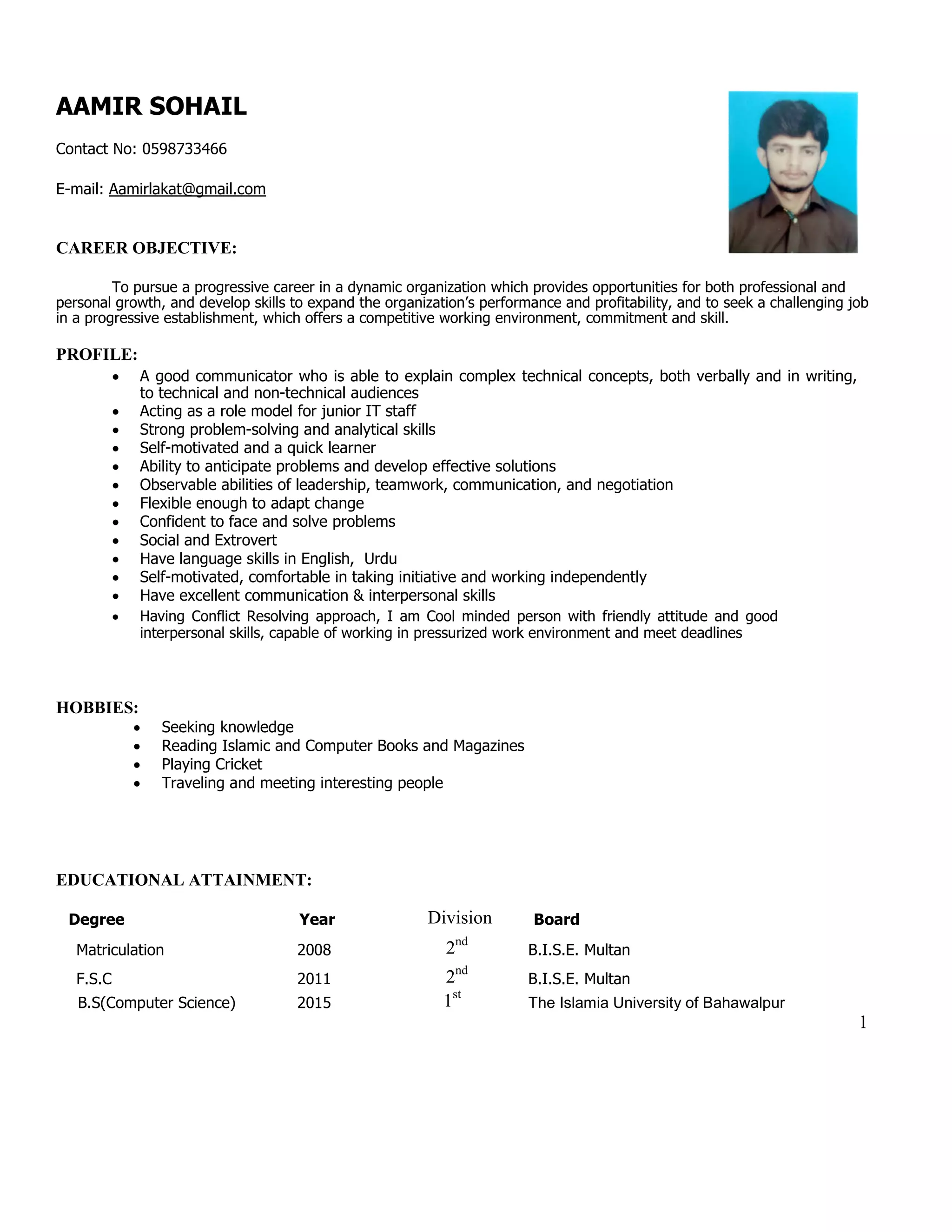 Aamir Sohail .Cv's | PDF