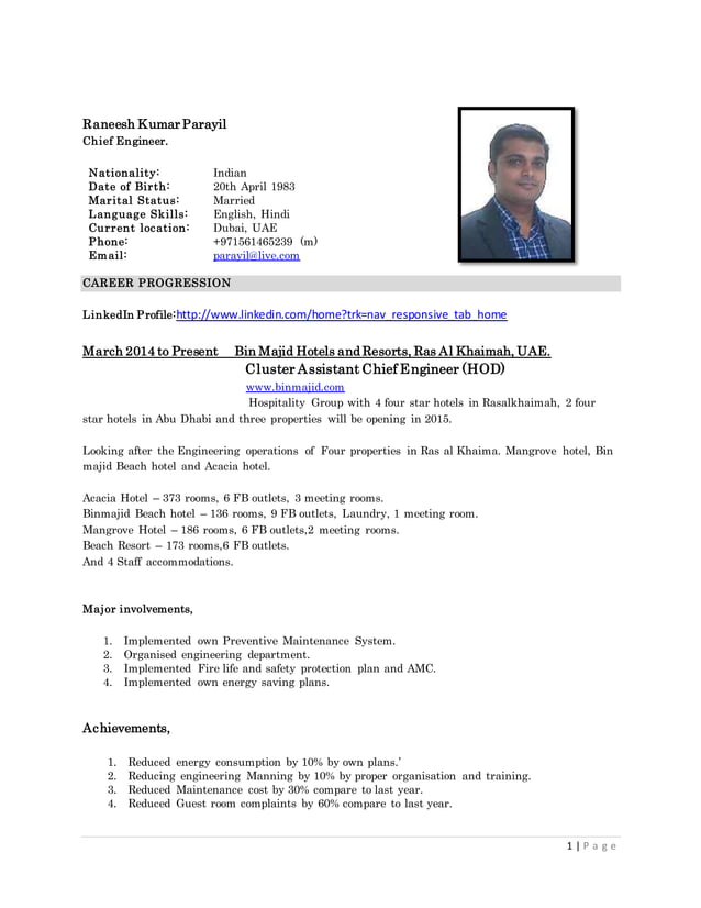 Raneesh Kumar Parayil - Chief Engineer | PDF