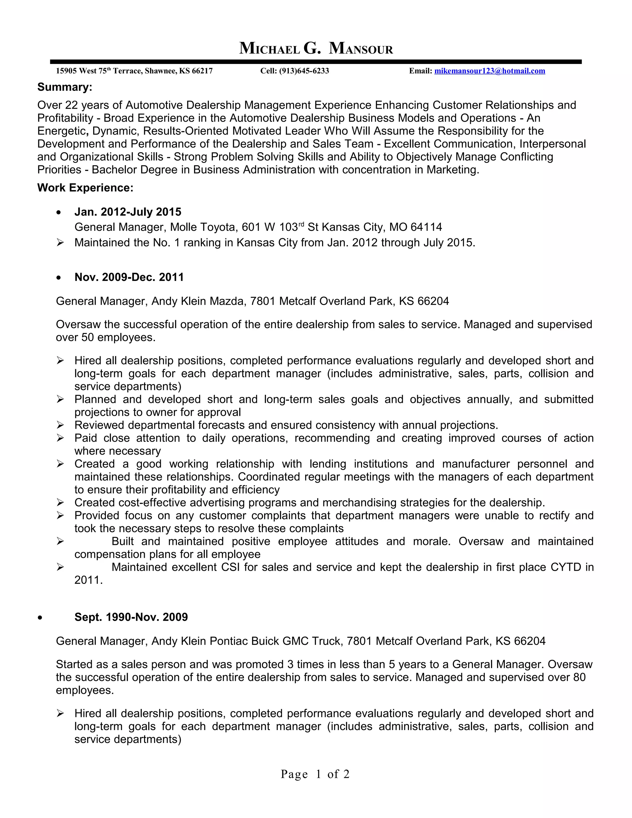 Mike Mansour resume 122711 | DOC