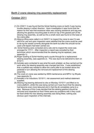 Berth 2 crane slewing ring assembly replacement report | PDF