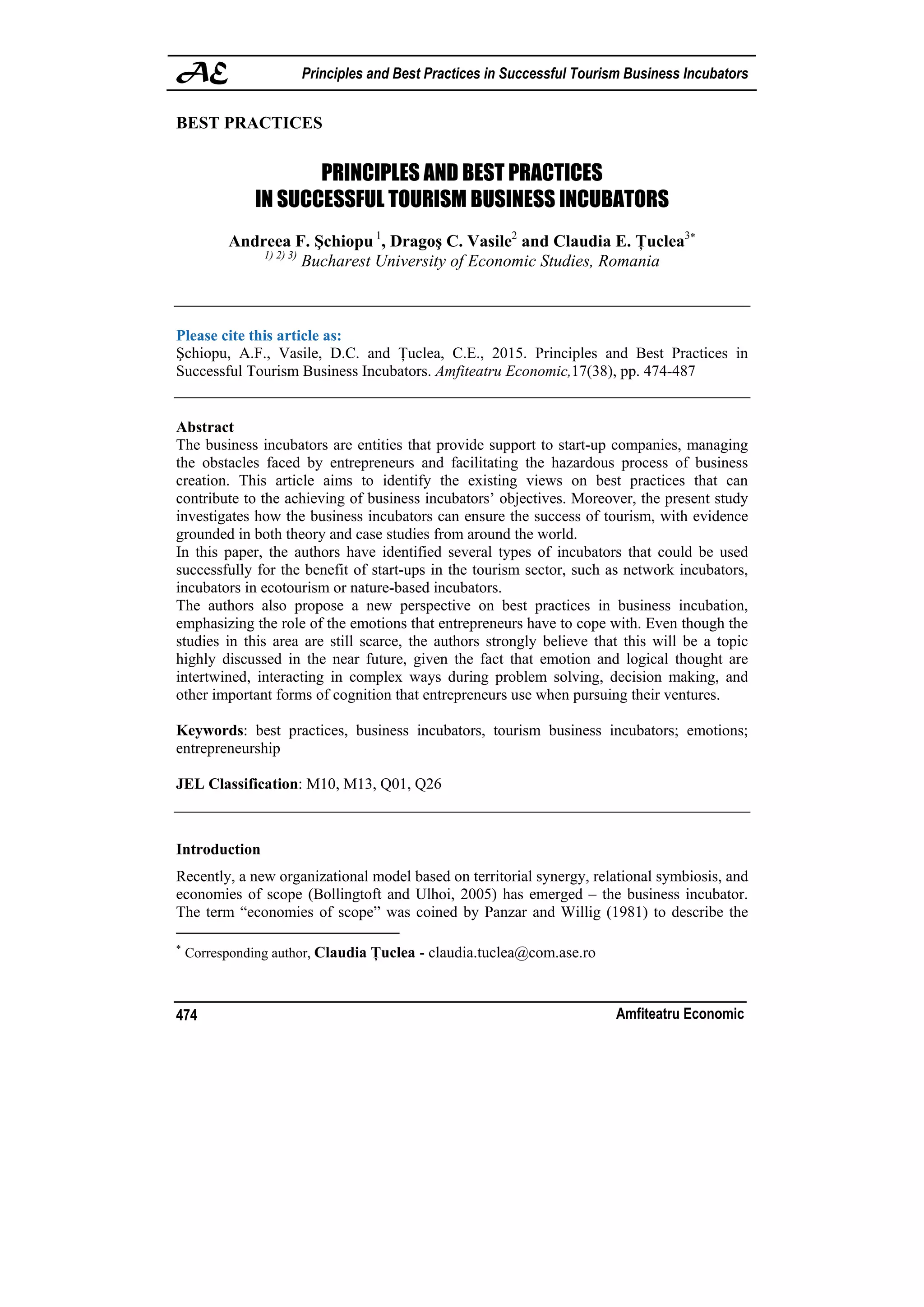 Principles and Best Practices in Successful Tourism Business Incubators | PDF