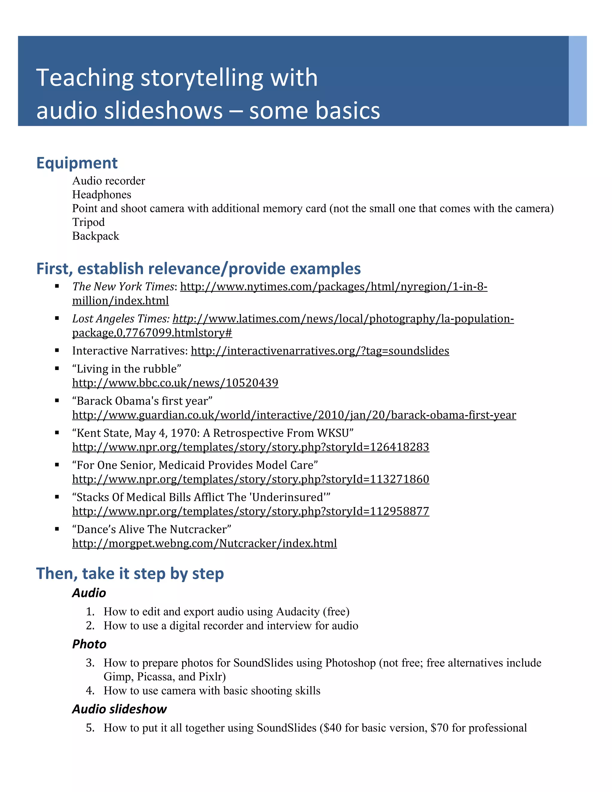 Teaching storytelling with audio slideshows – some basics | DOC | Audio ...