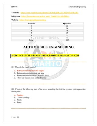 Automobile engineering - MCQ | PDF