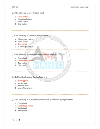 Automobile engineering - MCQ | PDF