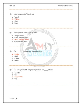 Automobile engineering - MCQ | PDF