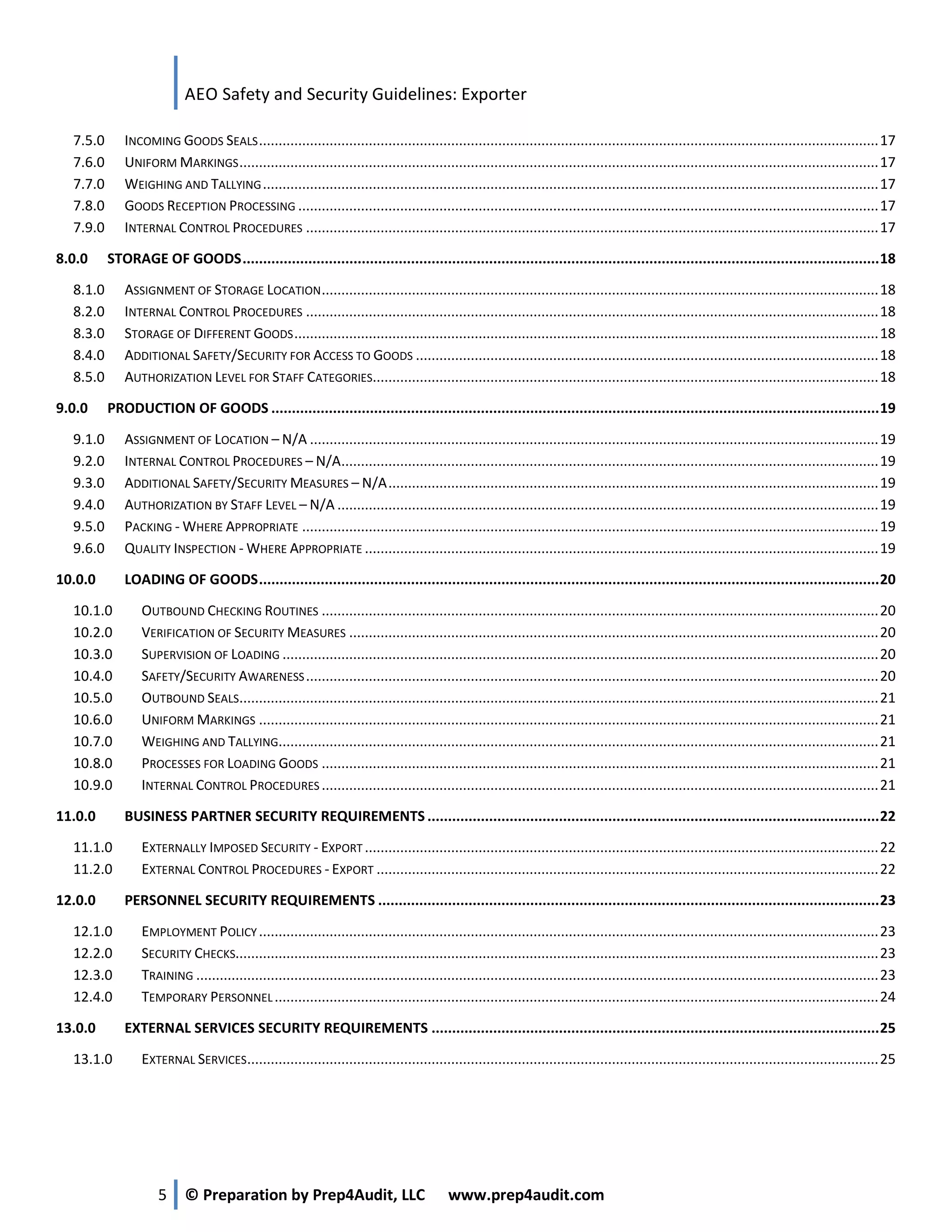 Aeo safety-and-security-requirements exporter-table-of-contents | PDF