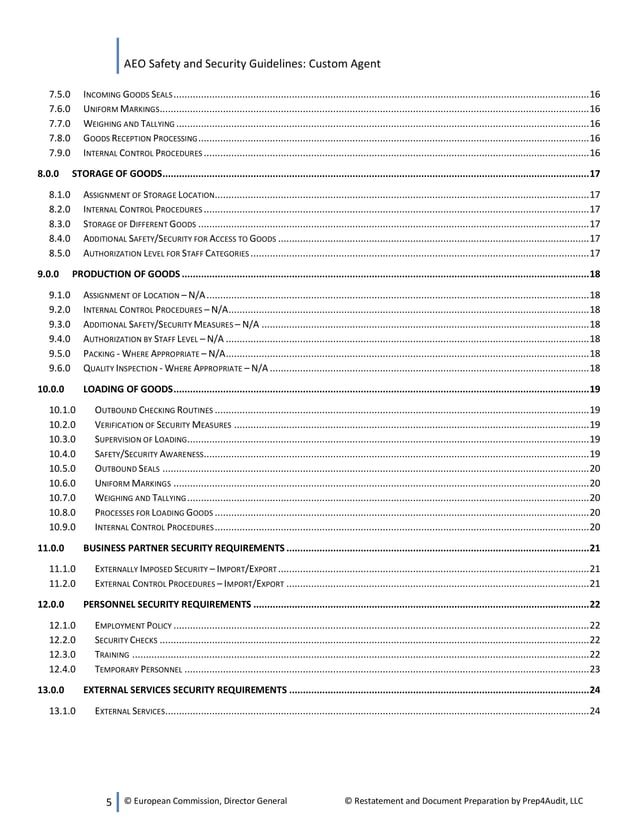 AEO Safety and Security Guidelines: Custom Agent | Prep4Audit | PDF