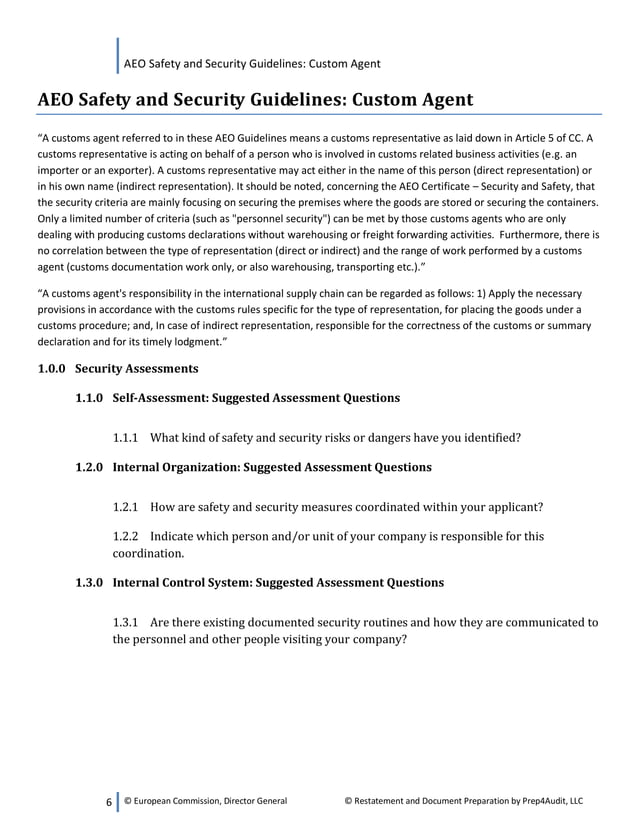 AEO Safety and Security Guidelines: Custom Agent | Prep4Audit | PDF