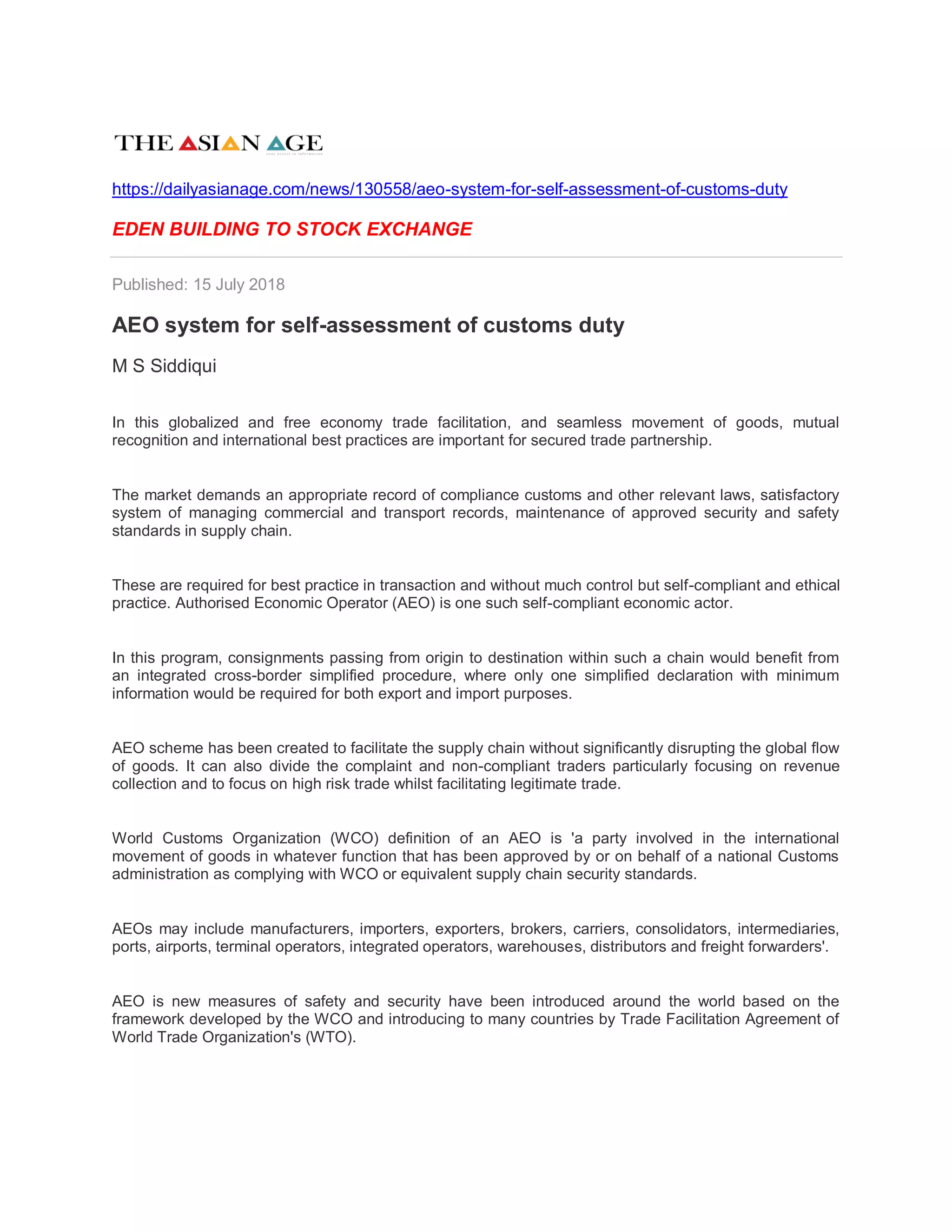 Aeo system for self assessment of customs duty | PDF