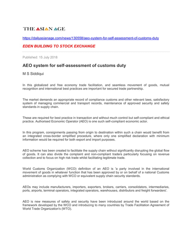 Aeo system for self assessment of customs duty | PDF | Logistics | Business
