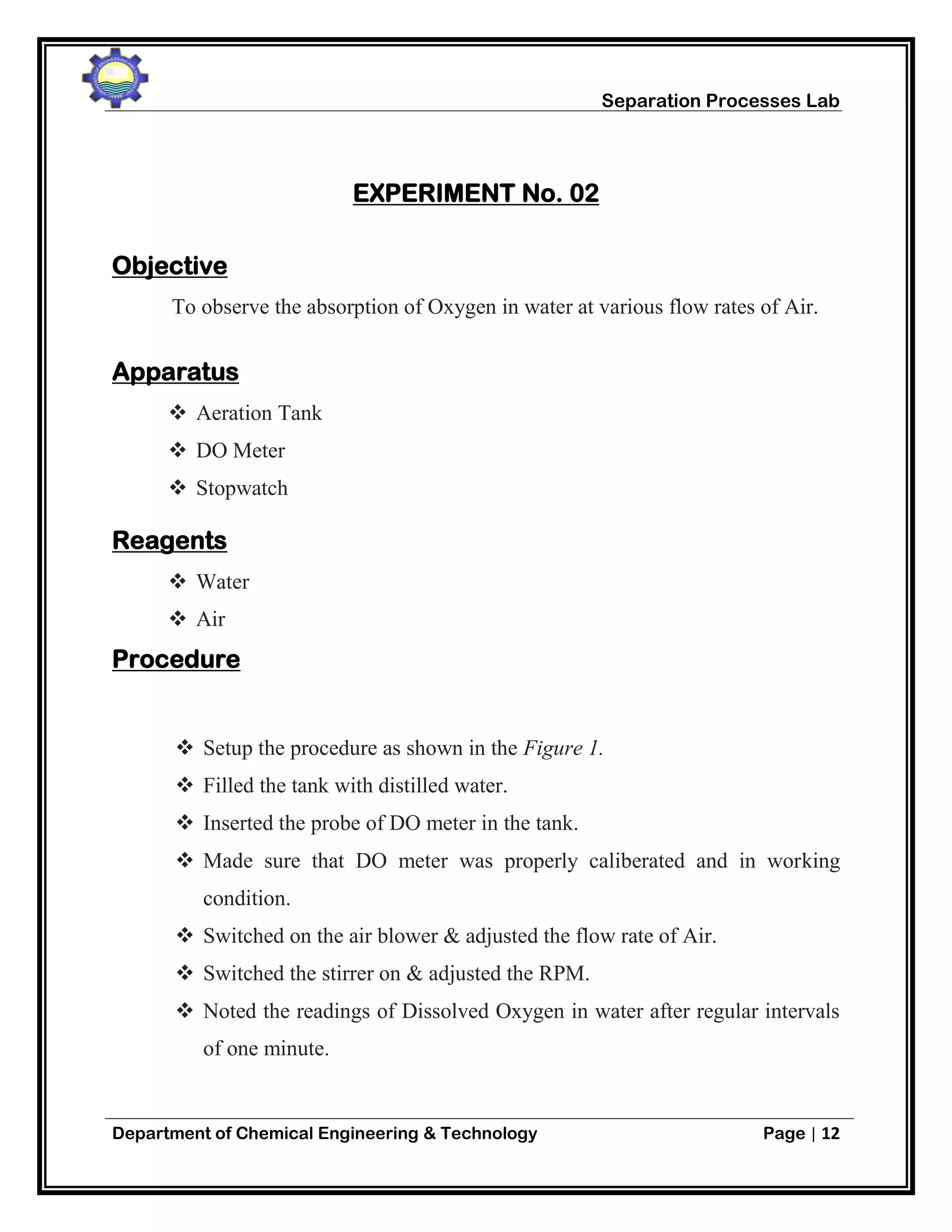 Aeration unit Lab Report(Separation Lab) | PDF