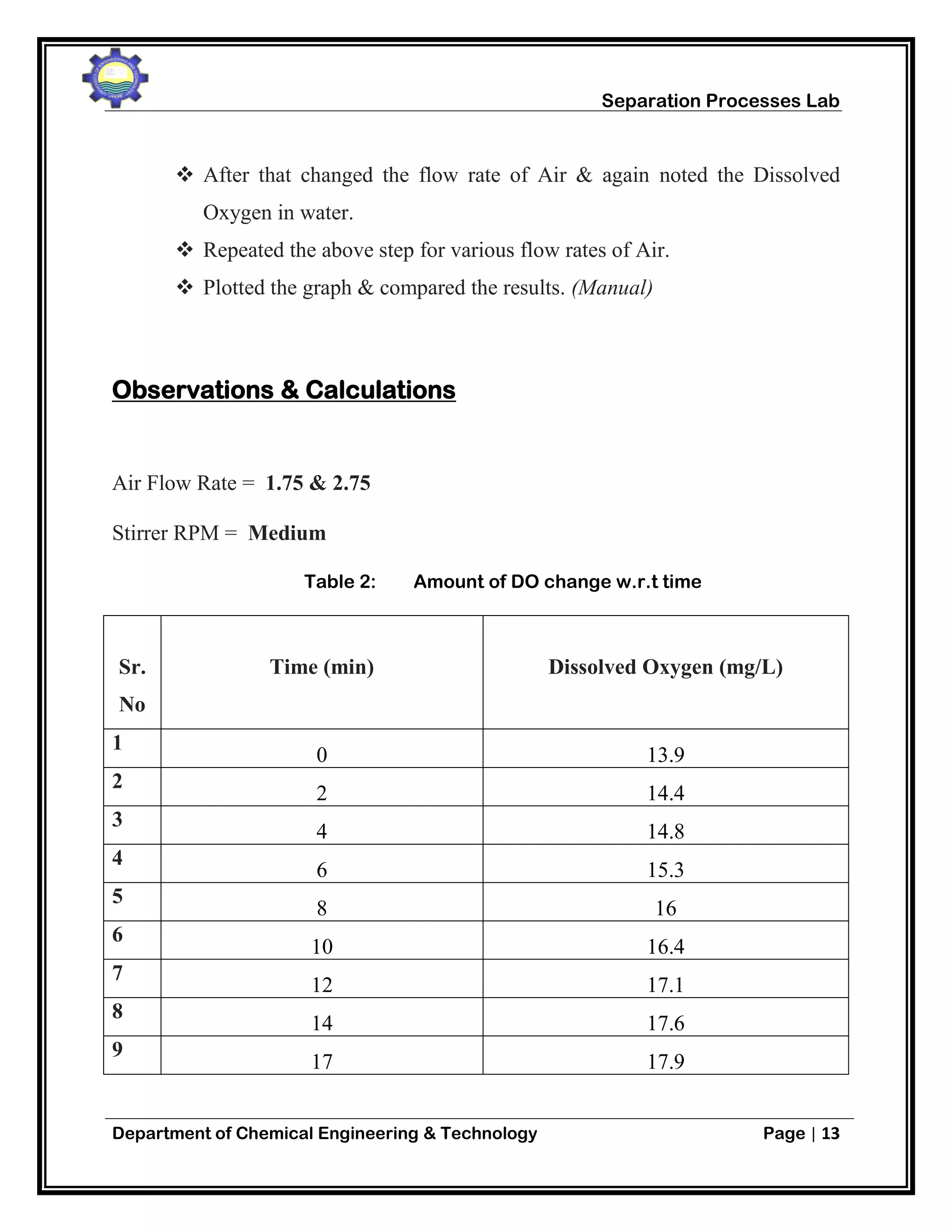 Aeration unit Lab Report(Separation Lab) | PDF