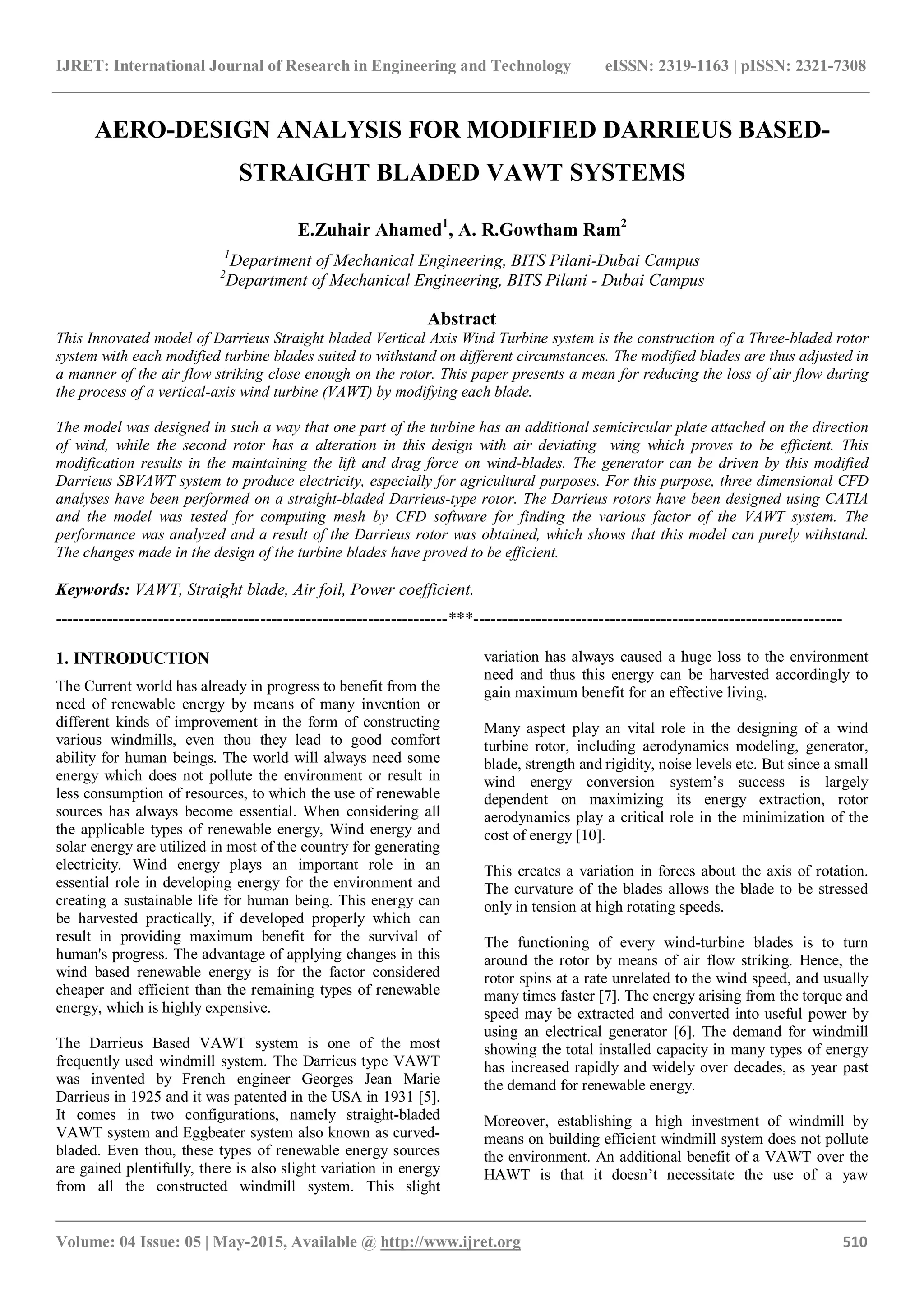 Aero design analysis for modified darrieus based-straight bladed vawt ...