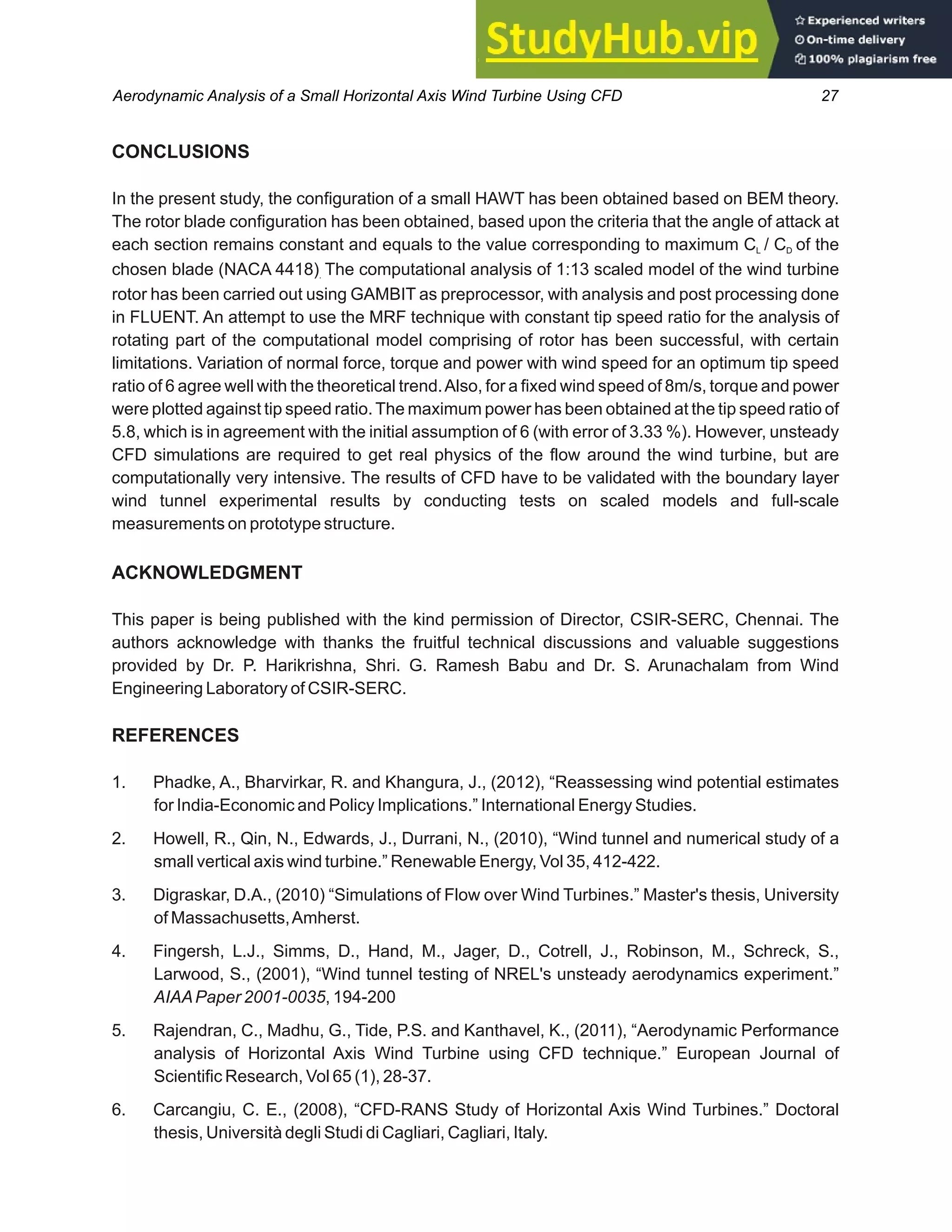 AERODYNAMIC ANALYSIS OF A SMALL HORIZONTAL AXIS WIND TURBINE USING CFD | PDF