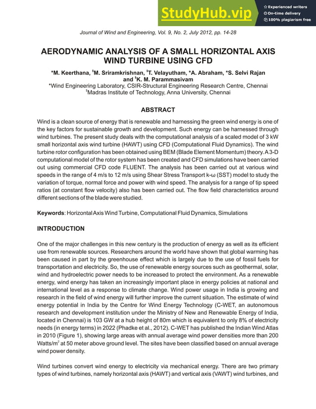 AERODYNAMIC ANALYSIS OF A SMALL HORIZONTAL AXIS WIND TURBINE USING CFD | PDF