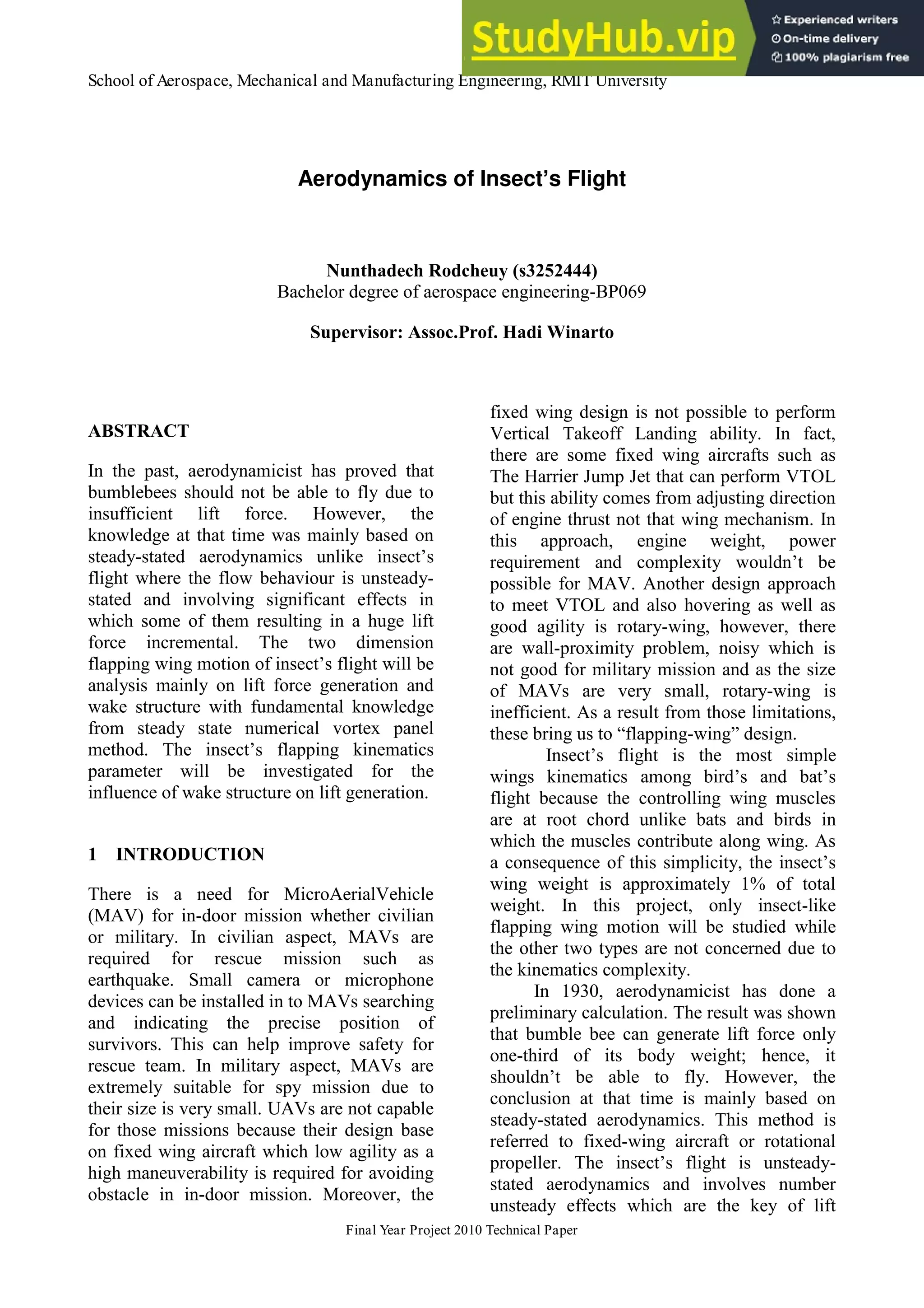 Aerodynamics Of Insect S Flight | PDF