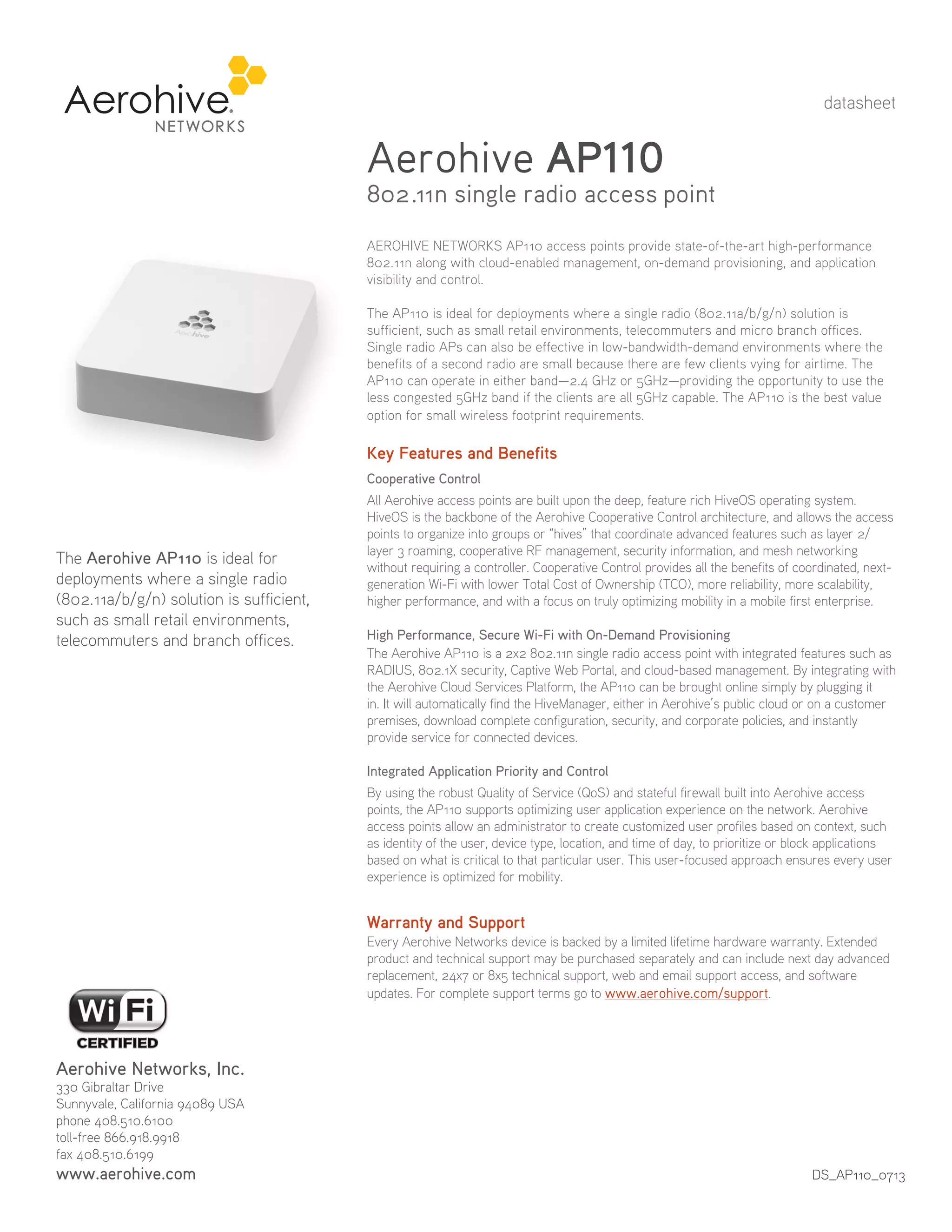 Aerohive AP110 802.11n Wireless Access Point | PDF