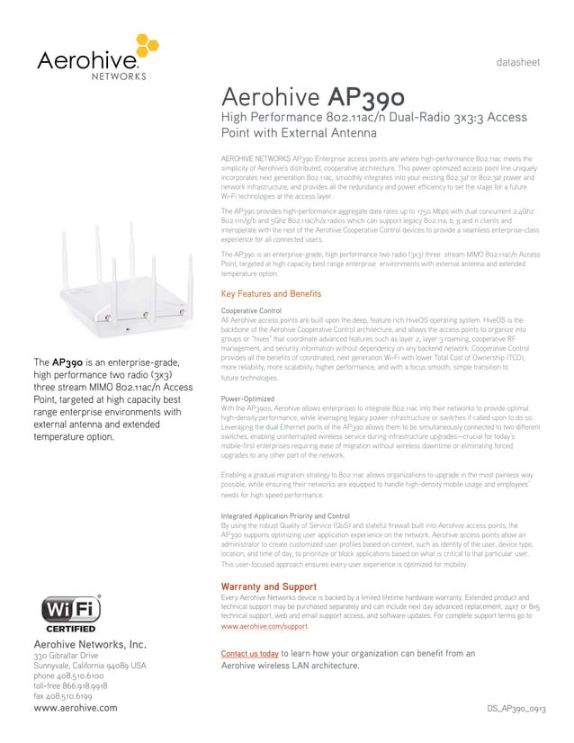 Aerohive AP390 802.11ac Wireless Access Point | PDF | Computer Networking | Computing