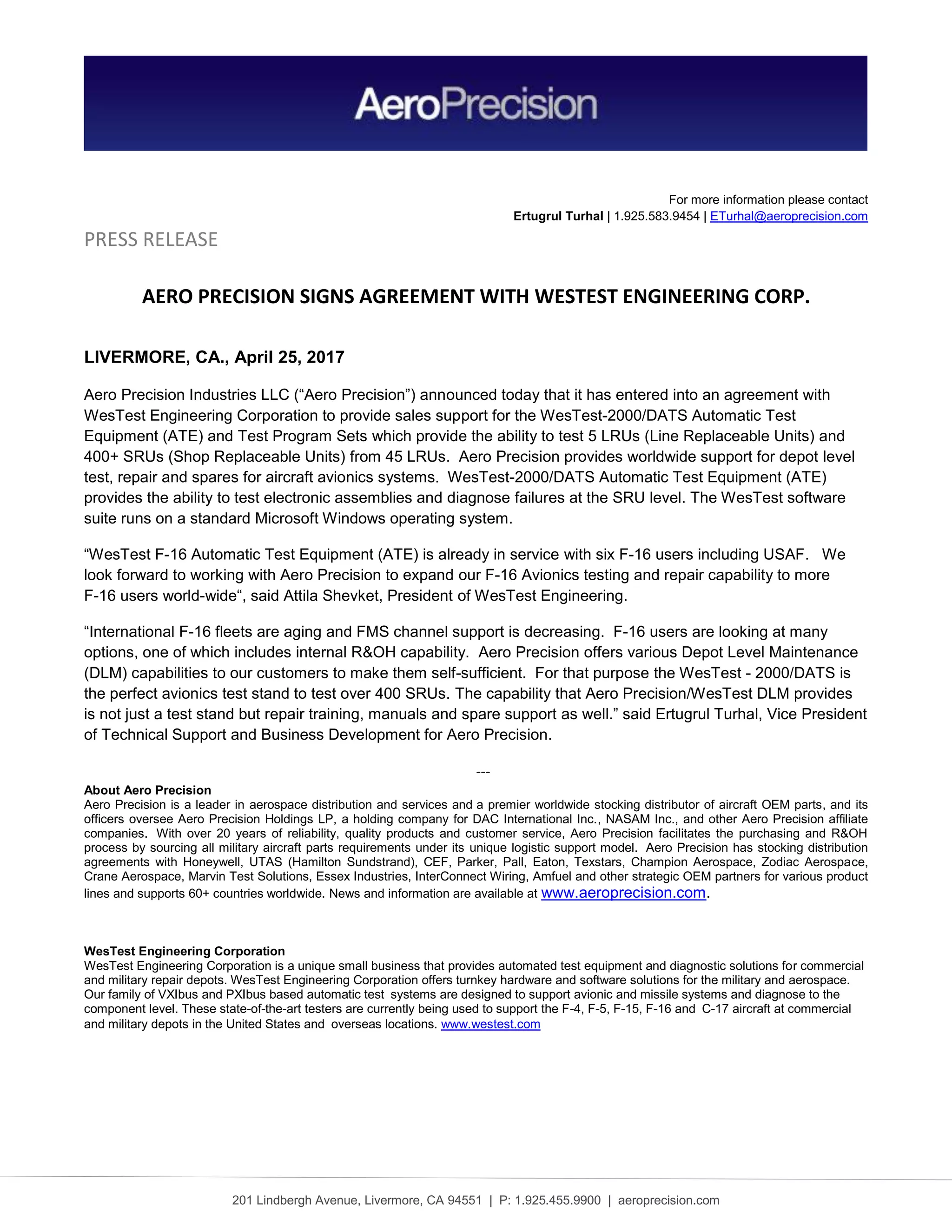 Aero Precision signs agreement with WesTest Engineering!!! | PDF