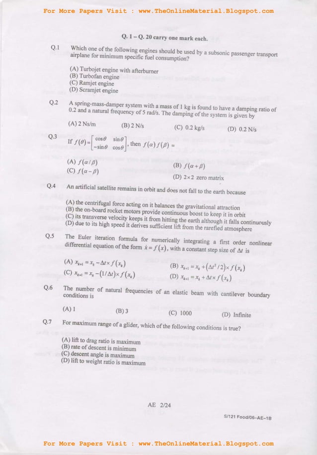 Aerospace engineering (ae) gate previous question paper 2007 download | PDF